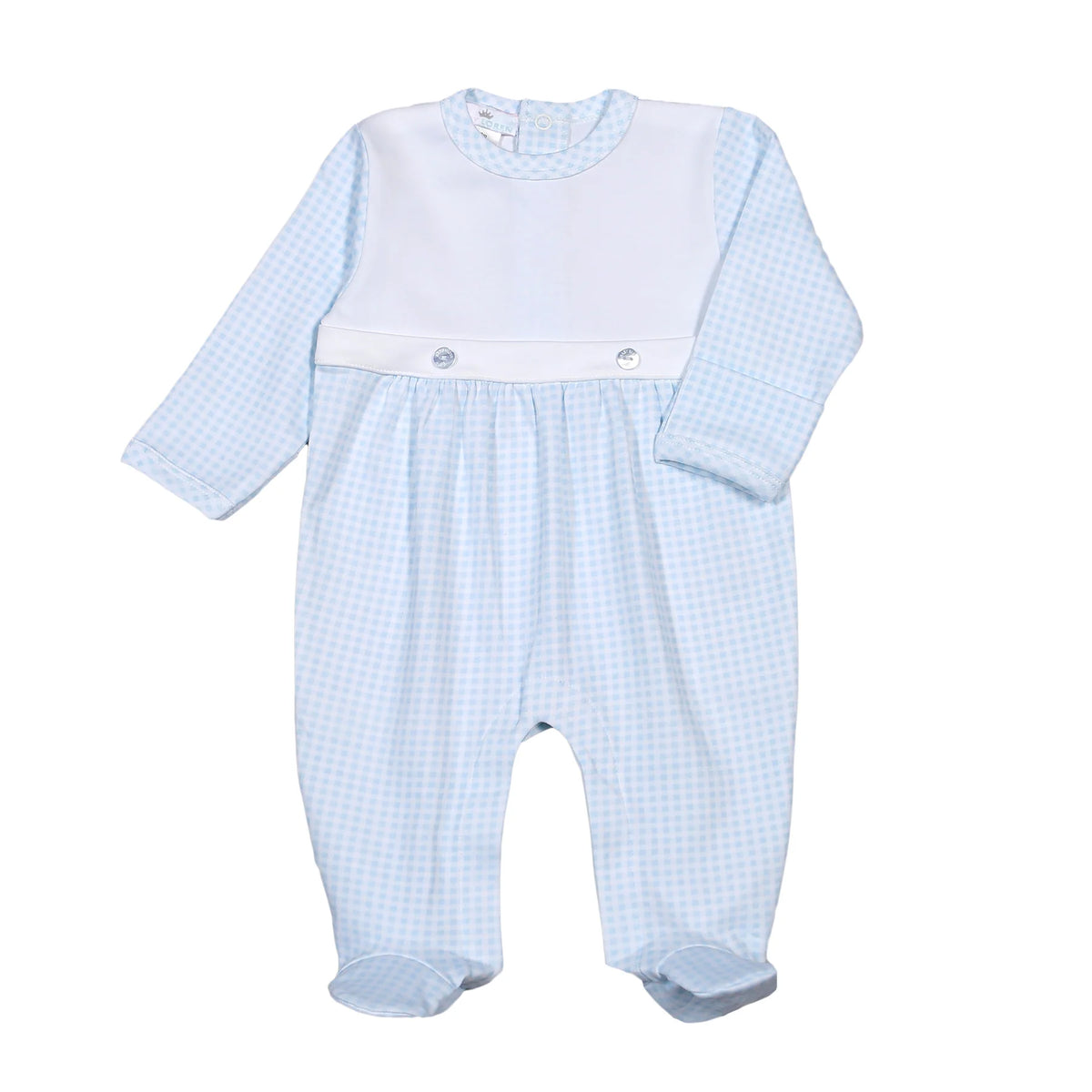 Baby Loren Blue Gingham Two Button Footie — Cullen's Babyland & Playland